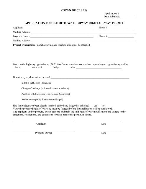 ROW Permit application form - Calaisvermont.gov