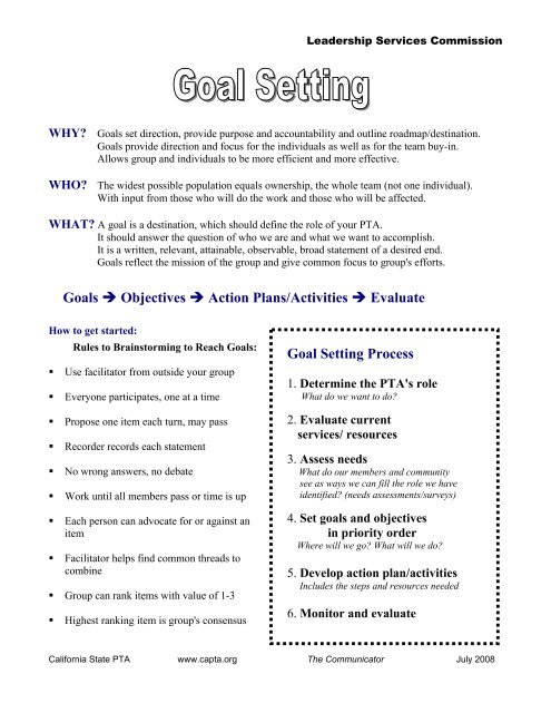 Goals â Objectives â Action Plans/Activities â Evaluate Goal ...