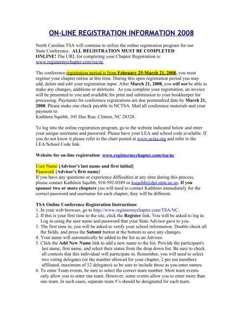 on-line registration information 2008 - NCTSA