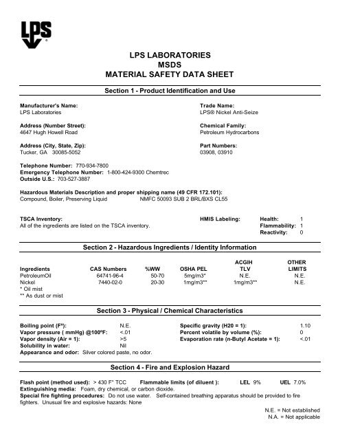lps laboratories msds material safety data sheet - R.S. Hughes, Inc.