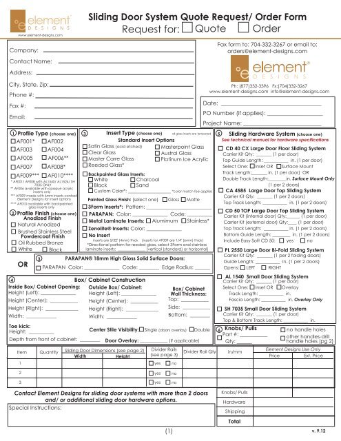 Quote & Order Form - Sliding Door Systems - Element Designs