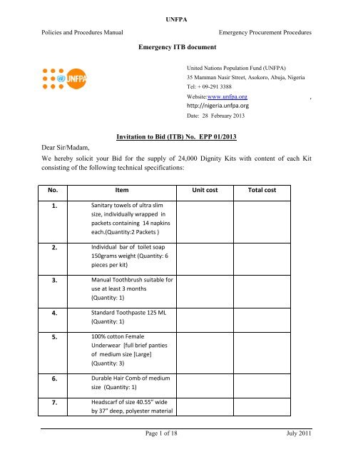 Emergency ITB document Invitation to Bid (ITB) No ... - UNFPA Nigeria
