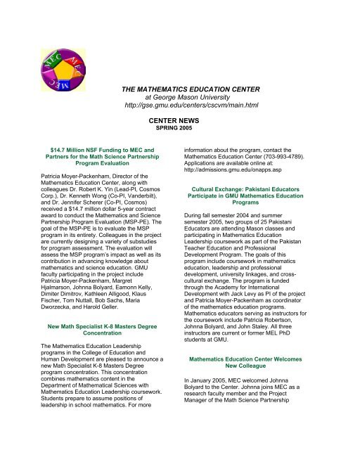 THE MATHEMATICS EDUCATION CENTER at George Mason ...