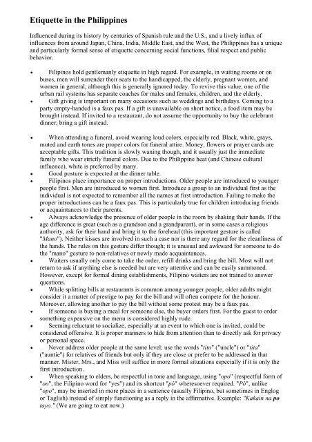 Etiquette in the Philippines - Philippine Culture