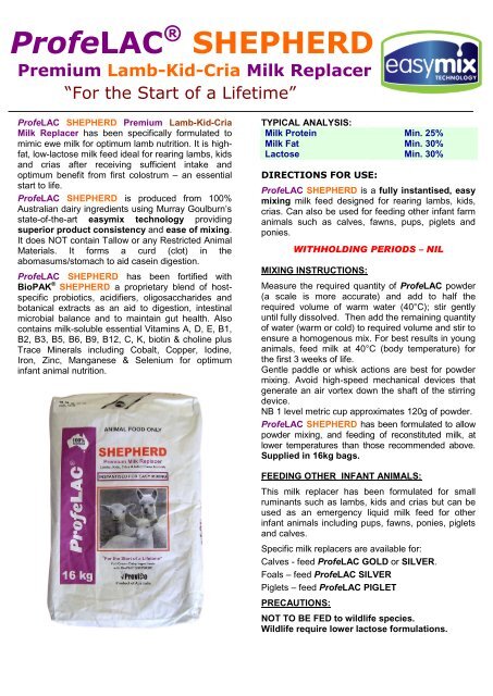 ProfeLAC Â® SHEPHERD Premium Lamb-Kid-Cria Milk ... - Agsure