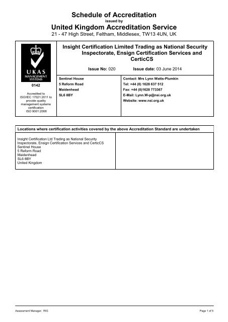 Insight Certification Limited Trading as National Security ... - UKAS