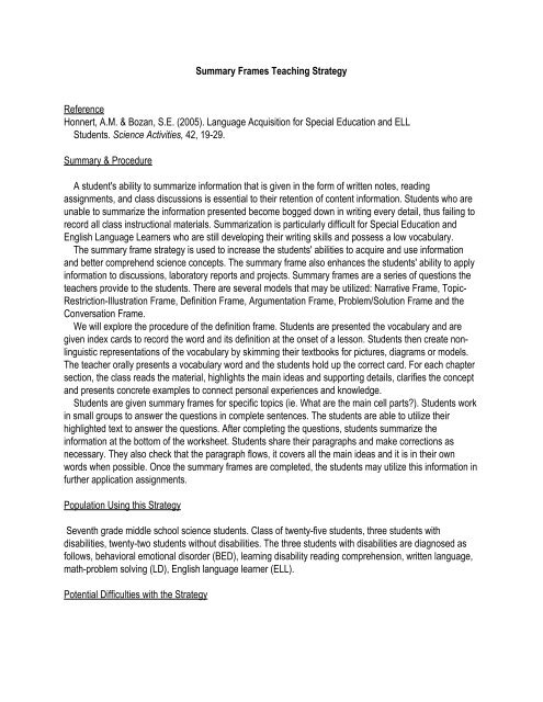 Summary Frames Teaching Strategy