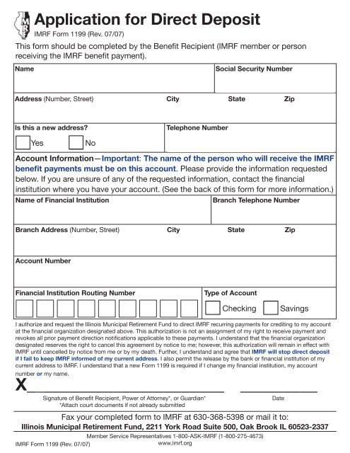 IMRF Form 1199 Application for Direct Deposit