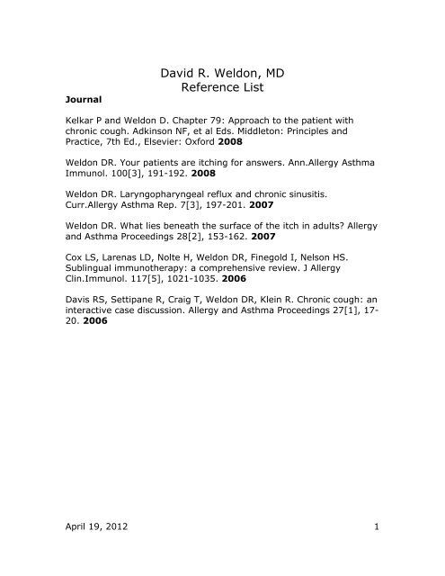 David R. Weldon, MD Reference List