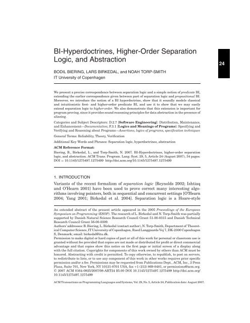 Bi Hyperdoctrines Higher Order Separation Logic And Abstraction
