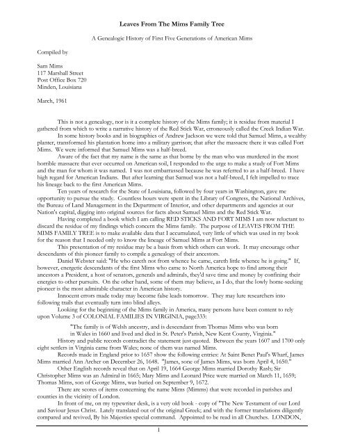 Leaves From The Mims Family Tree