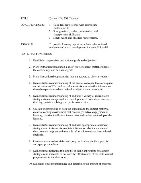 ESL Teacher Job Description ESL Teacher Job Description