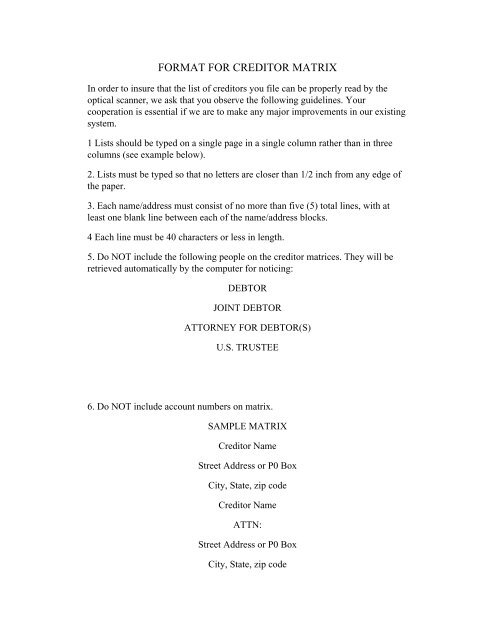 FORMAT FOR CREDITOR MATRIX - US Bankruptcy Court FORMAT FOR CREDITOR MATRIX - US Bankruptcy Court