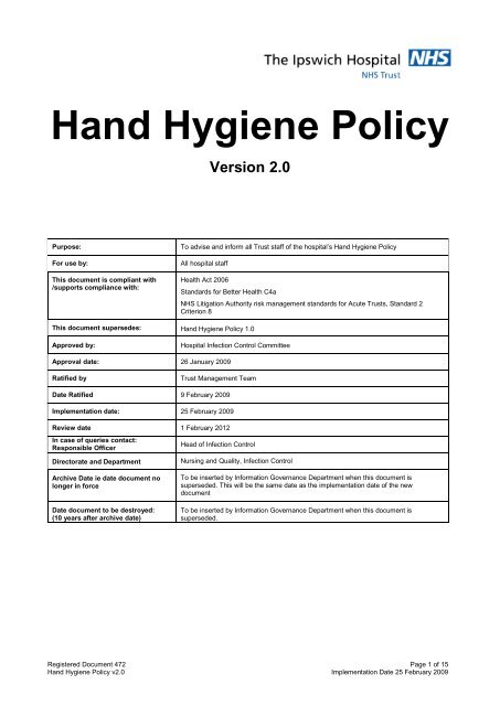 Hand Hygiene Policy Version 2.0 - Ipswich Hospital