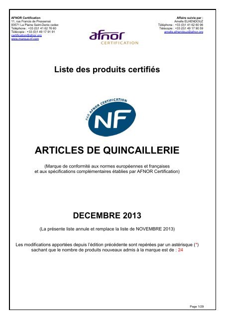 Liste des produits certifiés NF040-ARTICLES DE ... - Marque NF