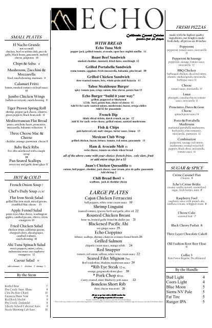 Embassy Suites Lake Tahoe Echo Lounge Menu