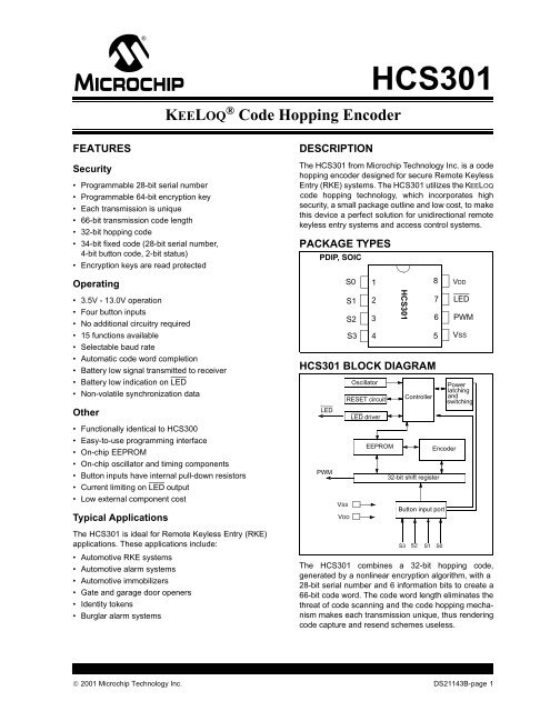 HCS301 KEELOQ Code Hopping Encoder Data Sheet - Microchip