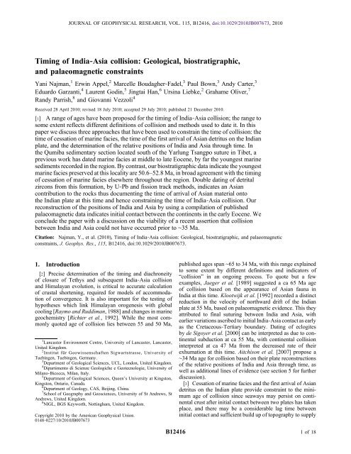 Timing of Indiaâ Asia collision: Geological, biostratigraphic, and ...