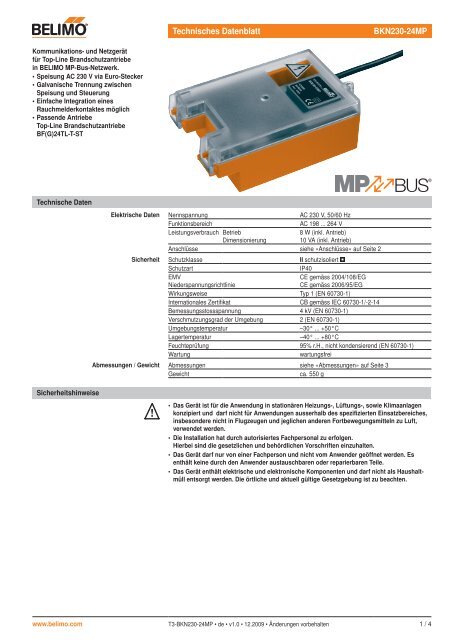 Technisches Datenblatt BKN230-24MP - Belimo