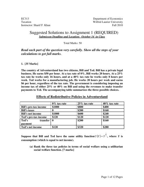 Suggested Solutions to Assignment 1 - Wilfrid Laurier University