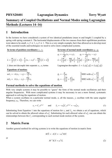 Coupled Oscillations and Normal Modes using Lagrangian ... - HEP