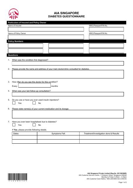 Diabetes Questionnaire - AIA Singapore