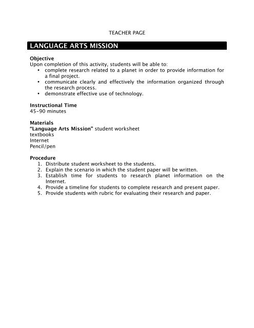 Language Arts Mission Teacher Page - Challenger Learning Center