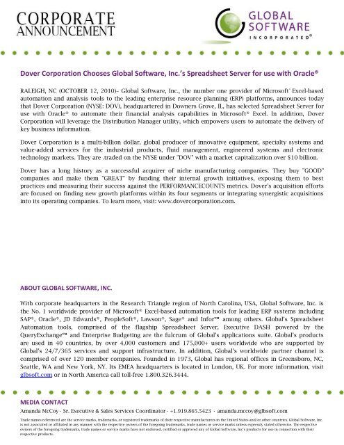 Dover Corporation Chooses Global Software, Inc.'s Spreadsheet ...