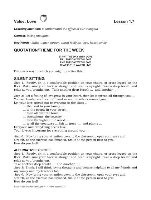 Value: Love Lesson 1.7 QUOTATION/THEME FOR THE WEEK ...