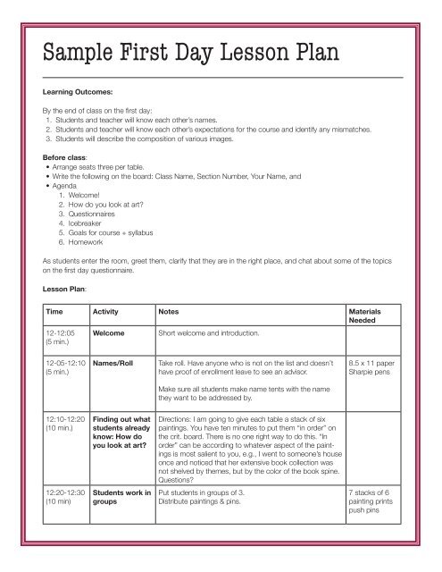 Sample First Day Lesson Plan Academy Of Art University Sample First Day Lesson Plan Academy Of Art University