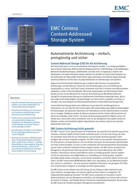 Datenblatt EMC Centera Content-Addressed Storage System