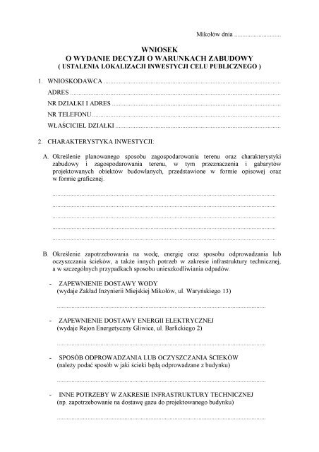 WNIOSEK O WYDANIE DECYZJI O WARUNKACH ZABUDOWY