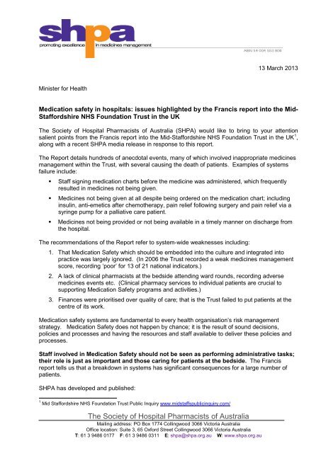 SHPA letter to health ministers re medication safety - The Society of ...