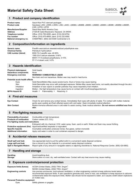 MATERIAL SAFETY DATA SHEET - Sasolwax US
