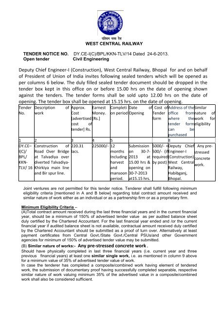 Deputy Chief Engineer-I (Construction), West Central Railway ...