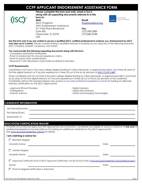 CCFP APPLICANT ENDORSEMENT ASSISTANCE FORM - ISC