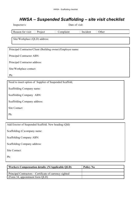 HWSA – Suspended Scaffolding – site visit checklist