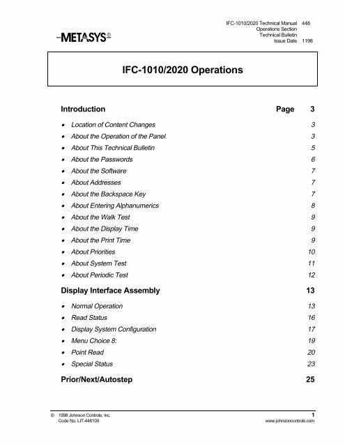 IFC-1010/2020 Operations - Johnson Controls - Johnson Controls Inc.