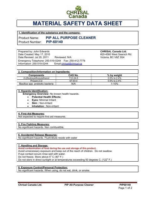 Chrisal All Purpose Cleaner MSDS