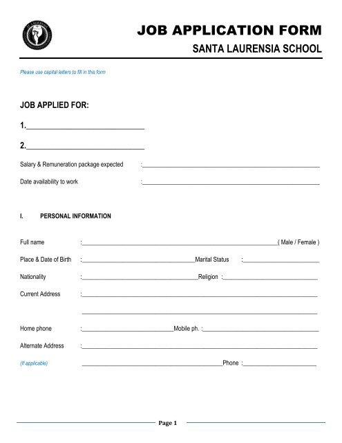 JOB APPLICATION FORM - Santa Laurensia
