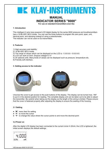 MANUAL INDICATOR SERIES "8000" - Klay Instruments