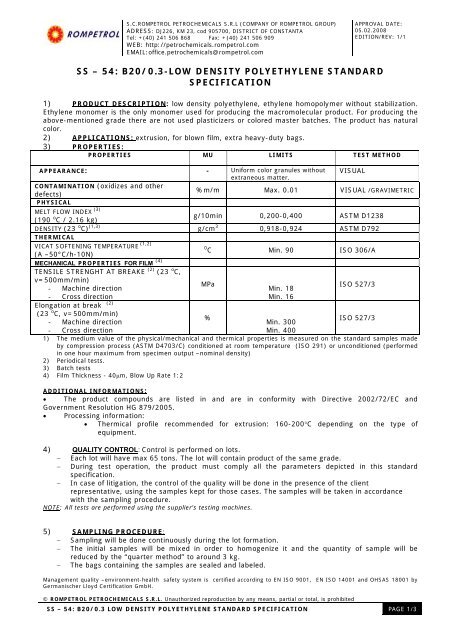ss â€“ 54: b20/0.3-low density polyethylene standard specification