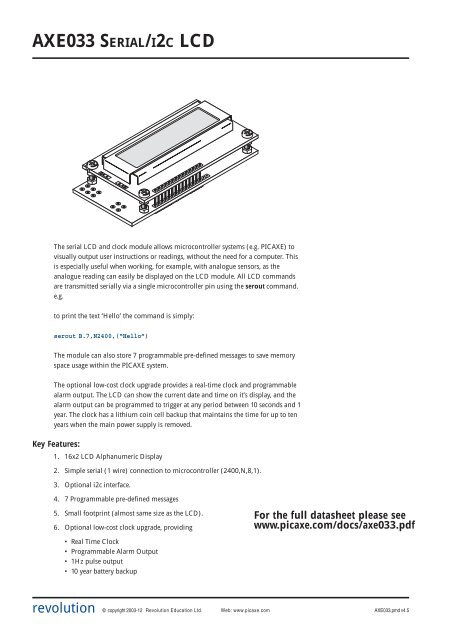 AXE033 SERIAL/I2C LCD - Picaxe