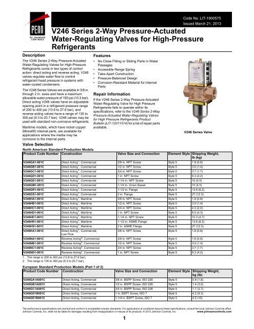 V246 Series 2-Way Pressure-Actuated Water ... - Johnson Controls