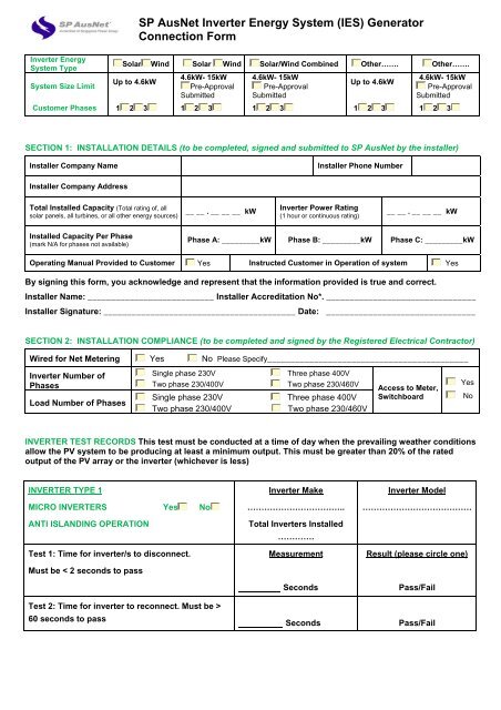 SP AusNet Inverter Energy System (IES) Generator Connection Form