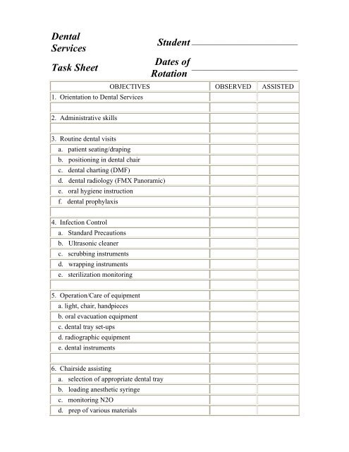 Dental Services Task Sheet Dates of Rotation