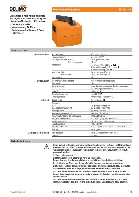 Technisches Datenblatt HT230-3-S - Belimo