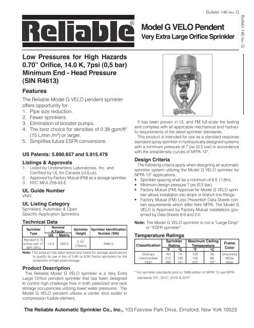 Model G VELO Pendent - Reliable Automatic Sprinkler Co.