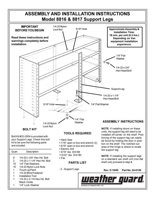 ASSEMBLY AND INSTALLATION INSTRUCTIONS ... - Weather Guard