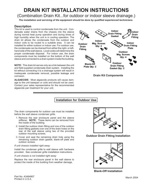 DRAIN KIT INSTALLATION INSTRUCTIONS - Amana PTAC